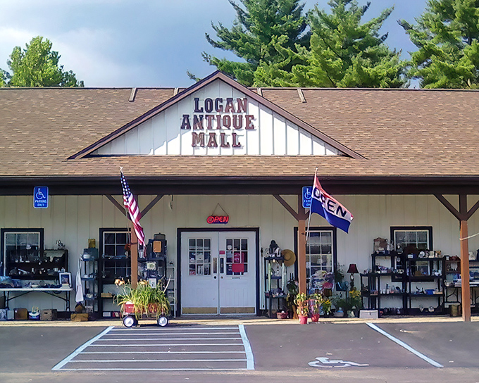 The welcoming facade of Logan Antique Mall stands proudly against an Ohio sky, beckoning treasure hunters with promises of yesteryear's delights.