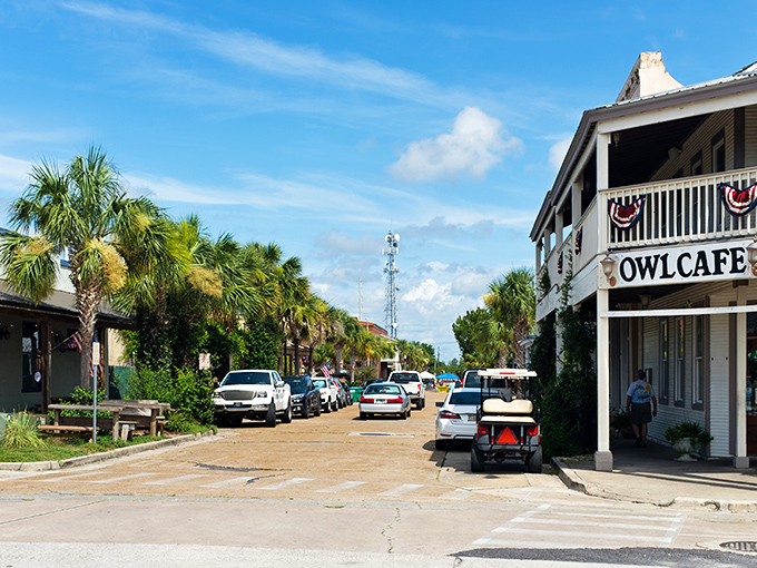 Palm trees line Apalachicola's charming streets, where golf carts and historic storefronts remind you that life's better when it's slower.