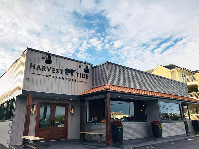 Harvest Tide's welcoming exterior promises culinary adventures within, where coastal charm meets steakhouse sophistication under Delaware's expansive sky.