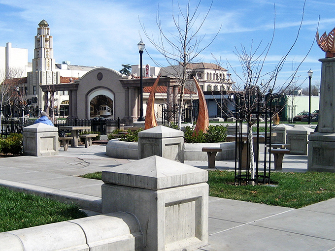 Downtown Chico's historic architecture creates a postcard-perfect plaza where locals gather. The art deco tower stands sentinel over this charming community hub.