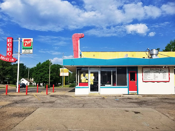 The iconic Bobo's sign stands tall against the Kansas sky, a neon beacon promising burger bliss to weary travelers.