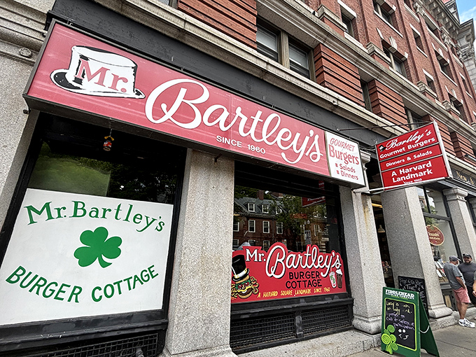 The iconic red signage of Mr. Bartley's stands as a beacon of burger excellence in Harvard Square, promising culinary salvation to hungry scholars and visitors alike.