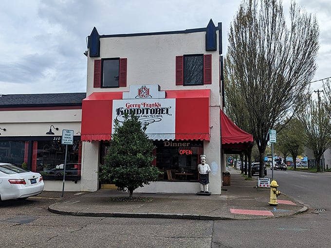 The charming red and white exterior of Gerry Frank's Konditorei stands like a European postcard in the heart of Salem, complete with a chef statue standing guard.