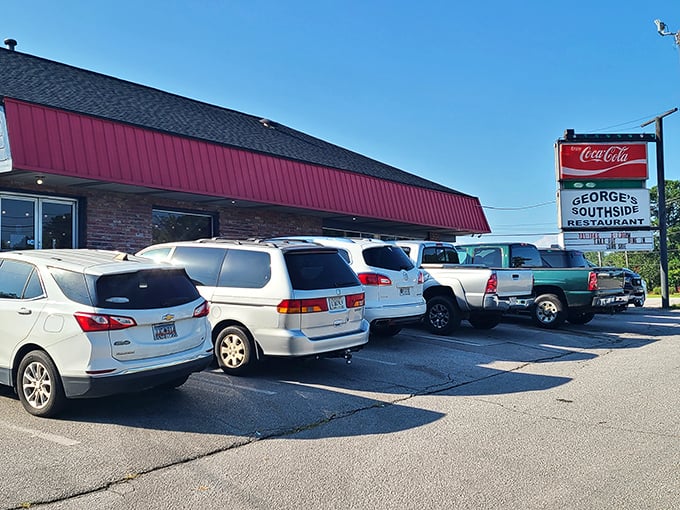 The bright red awning of George's Southside Restaurant stands like a beacon of hope for hungry travelers in Cayce. Southern comfort food paradise awaits!