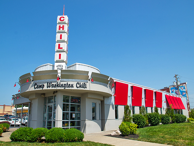 The iconic Art Deco fa&ccedil;ade of Camp Washington Chili stands like a beacon for hungry travelers, its vertical "CHILI" sign a Cincinnati landmark since 1940.