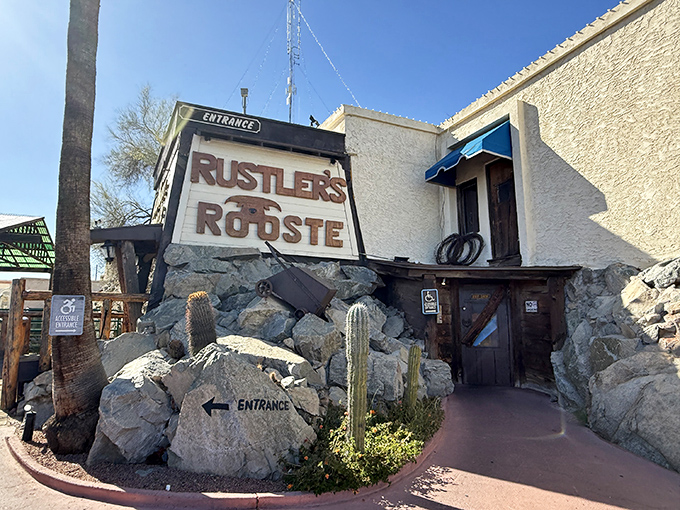That sunset backdrop makes this Western steakhouse look like a movie set where cowboys actually eat well. 