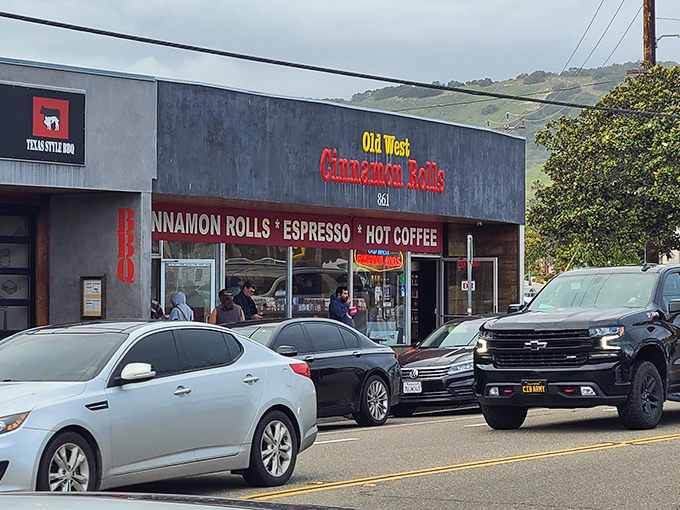 The iconic red awning of Old West Cinnamon Rolls beckons like a sugary lighthouse on Pismo Beach's shoreline. Sweet salvation awaits inside!