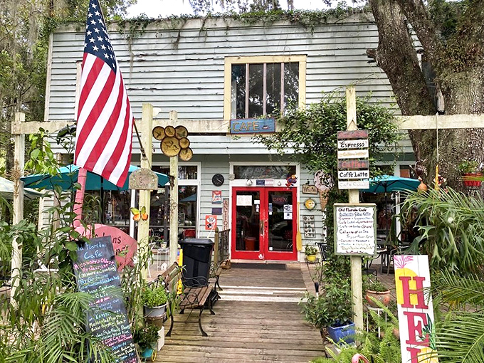 The weathered clapboard exterior and bright red door say "authentic Florida" louder than any tourism brochure ever could. Small-town charm personified.