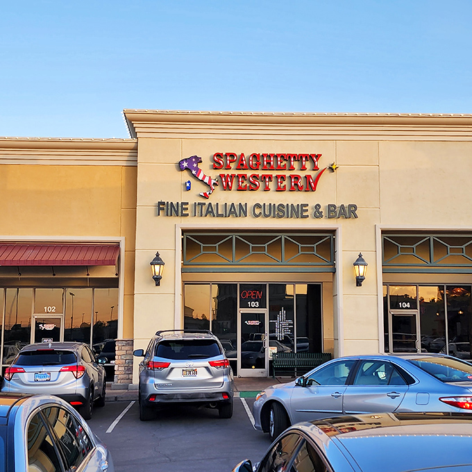 The clever pun hits you first: Spaghetty Western, where Italian cuisine meets cowboy charm in a Vegas strip mall that defies the odds.