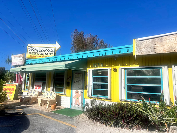 The cheerful yellow exterior of Harriette's stands out like a tropical bird in Key Largo, beckoning hungry travelers with promises of breakfast bliss.