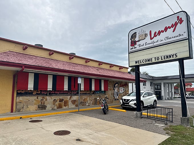 The unassuming exterior of Lenny's Restaurant in Clearwater hides culinary treasures within. That red-trimmed awning might as well be a superhero cape.
