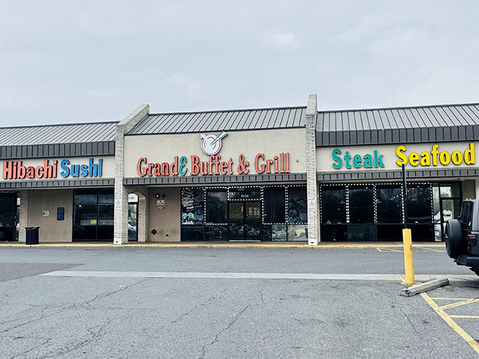 The unassuming strip mall exterior of GrandE Buffet & Grill proves once again that culinary treasures often hide in plain sight throughout Maryland's suburban landscape.
