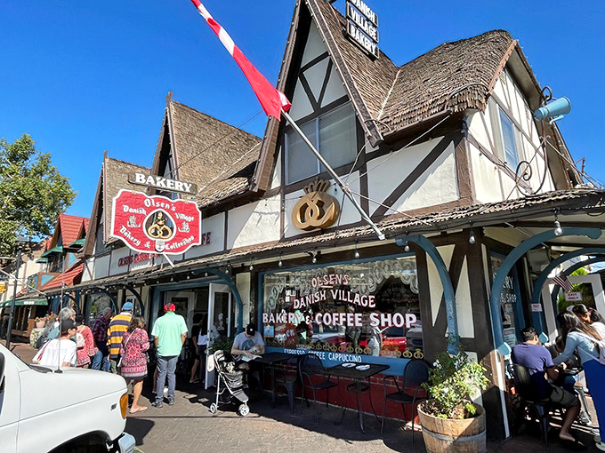 The fairytale facade of Olsen's Danish Village Bakery welcomes visitors with its half-timbered charm and thatched roof. Denmark called&mdash;it wants its architecture back!