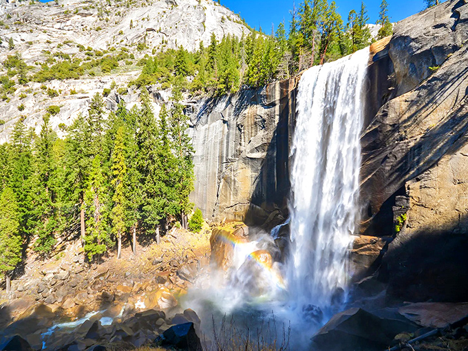 Nature's ultimate shower show in full glory. Vernal Falls cascades 317 feet down polished granite, creating a spectacle that makes smartphone cameras weep with inadequacy.