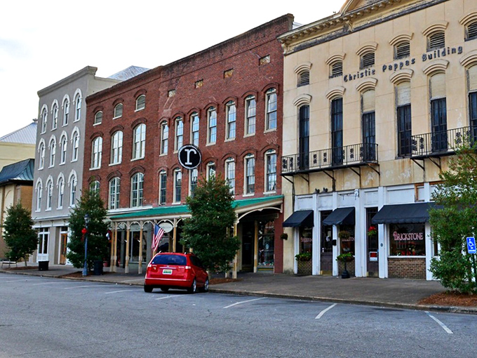 Downtown Eufaula showcases its historic charm with a classic courthouse and American flag standing proud against that impossibly blue Alabama sky.