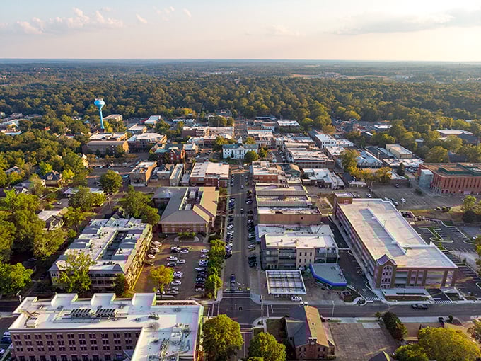 Oxford unfolds like a storybook from above, where historic charm and modern life blend into Mississippi's most picturesque intellectual playground.
