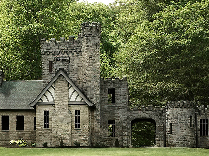 A medieval fantasy come to life&mdash;Squire's Castle stands proudly against a brilliant blue Ohio sky, its stone turrets and battlements defying Midwestern expectations.