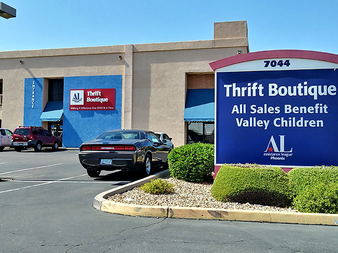 The bright blue facade stands out like a sapphire in the desert, promising air-conditioned treasure hunting inside. No mirage here&mdash;just bargains!