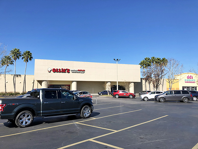The unassuming exterior of Ollie's in Kissimmee stands like a humble temple to the gods of discount shopping, palm trees included.