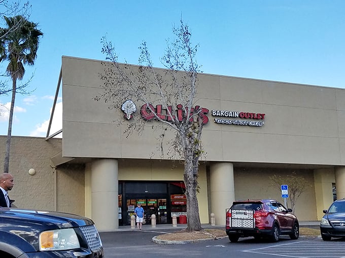 The unassuming exterior of Ollie's in Kissimmee stands like a humble temple to the gods of discount shopping, palm trees included.