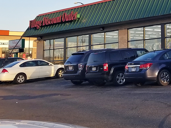 The unassuming green-roofed exterior of Village Discount Outlet belies the wonderland of treasures waiting inside. Ohio license plates fill the parking lot for good reason.