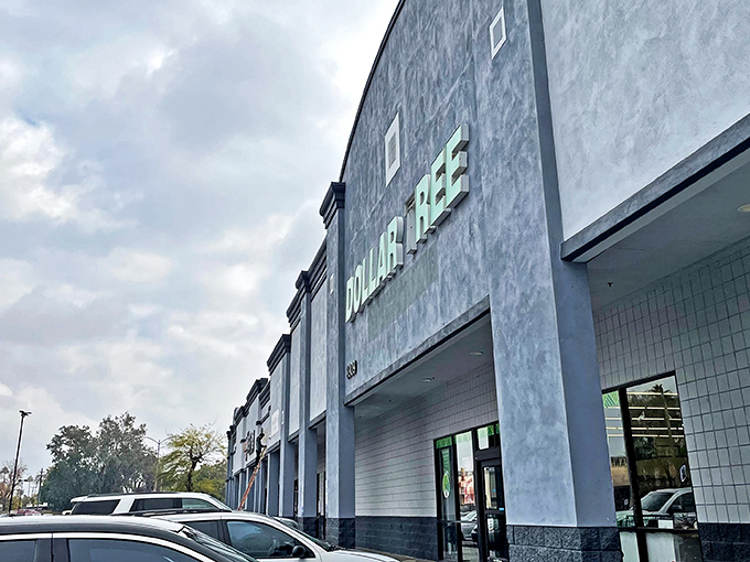 The emerald beacon of bargains! Dollar Tree's distinctive green signage stands out against the Arizona sky, promising air-conditioned relief and wallet-friendly treasures inside.