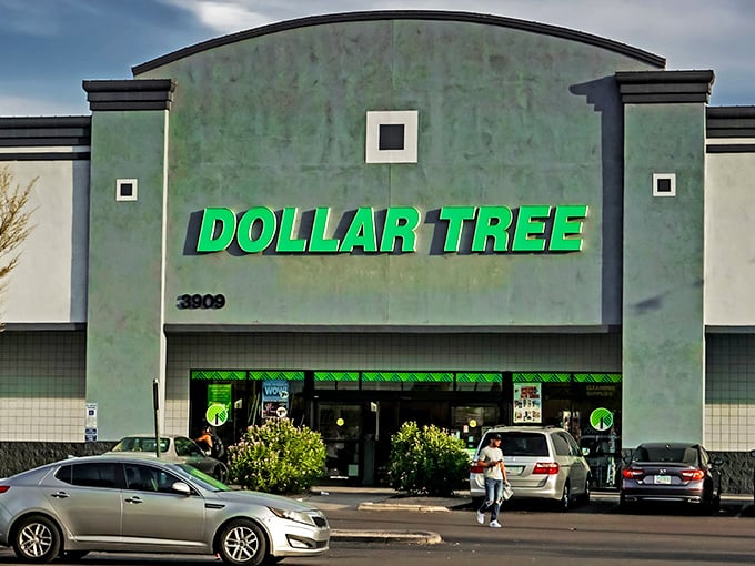 The emerald beacon of bargains! Dollar Tree's distinctive green signage stands out against the Arizona sky, promising air-conditioned relief and wallet-friendly treasures inside.