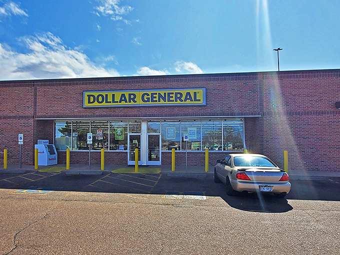 The brick facade of Dollar General stands proudly against Colorado's blue sky, like a yellow-signed beacon of bargains beckoning budget-conscious shoppers to enter its treasure-filled realm.