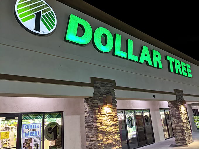 The iconic green signage glows like a budget-friendly beacon in the desert, promising treasures that won't empty your wallet.