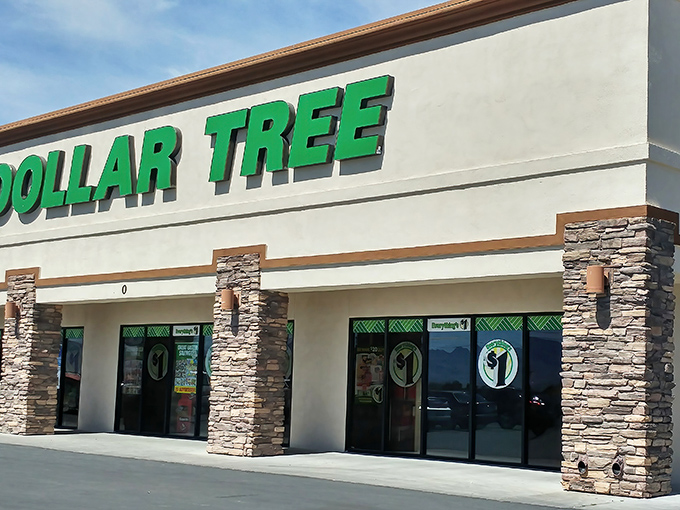 The iconic green signage glows like a budget-friendly beacon in the desert, promising treasures that won't empty your wallet.