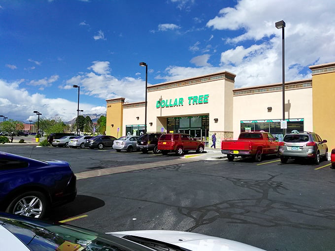 The beige stucco exterior with its iconic green signage stands like a beacon of bargains under New Mexico's famously blue skies.