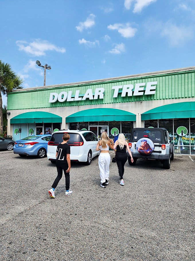 The iconic mint-green facade of Dollar Tree on Kings Highway welcomes bargain hunters with its distinctive awnings and promise of treasures within.