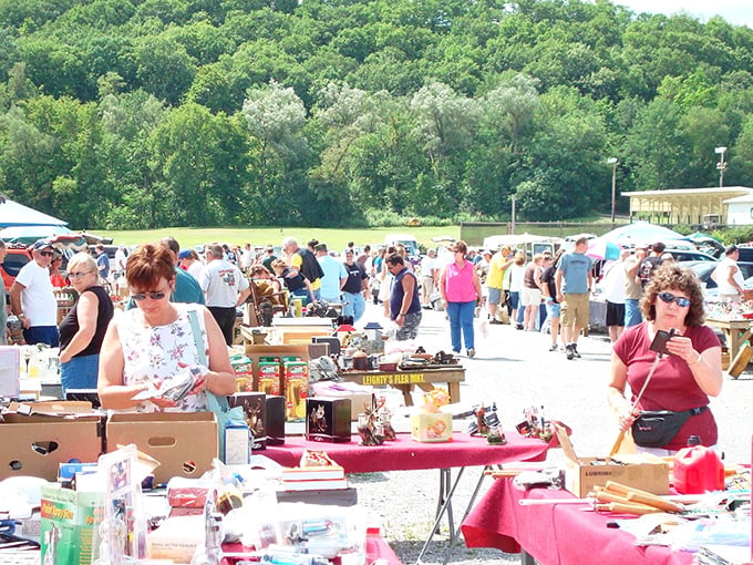 Treasure hunters scan tables under the summer sun, where one person's castoffs become another's prized discoveries at Leighty's bustling marketplace.