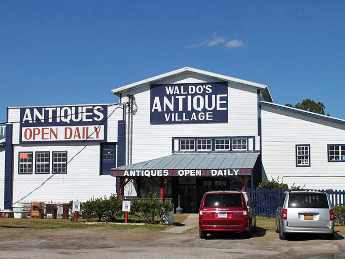 Welcome to treasure-hunting headquarters! Waldo's Antique Village stands proudly against the Florida sky, promising adventures in bargain-hunting behind those white walls.