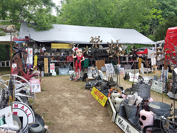 A treasure hunter's paradise where one sign boldly proclaims "DAMN FINE STUFF" &ndash; truth in advertising at its finest! Metal sculptures and vintage finds create an irresistible maze of possibilities.