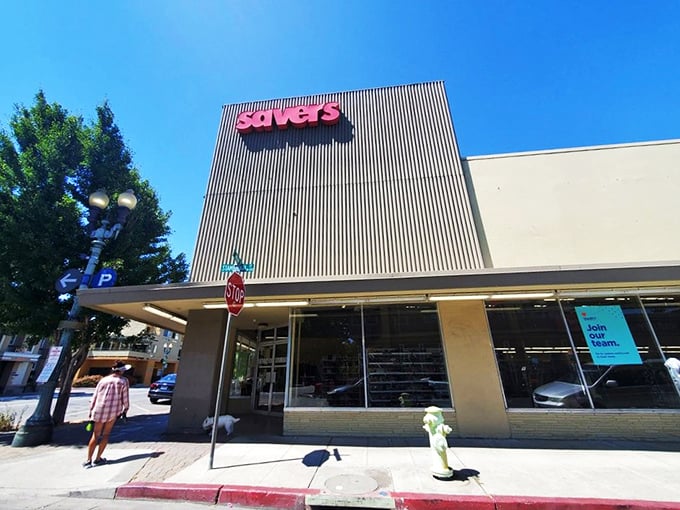 The unassuming exterior of Savers belies the wonderland of secondhand treasures waiting inside. Like a beige fortress guarding vintage gold.