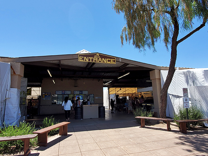 The entrance beckons like a portal to retail adventure&mdash;shaded benches offering a moment to catch your breath before diving into bargain paradise.
