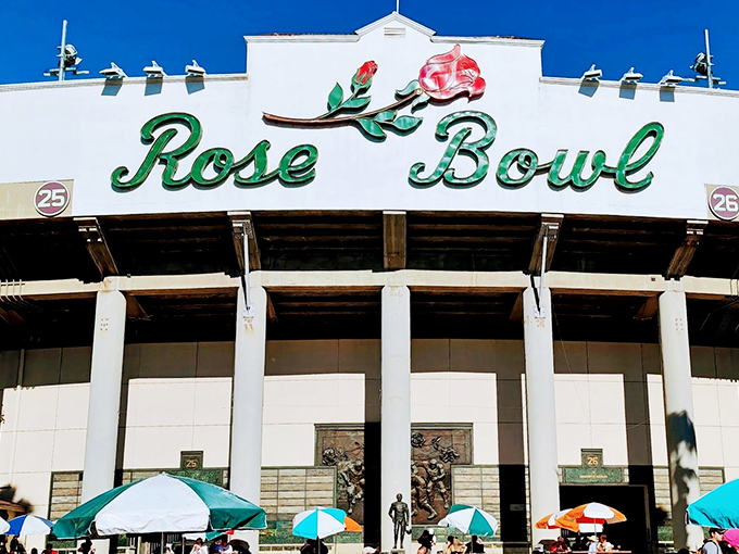 The iconic Rose Bowl sign welcomes treasure hunters to what might be the holy grail of flea markets in Southern California.