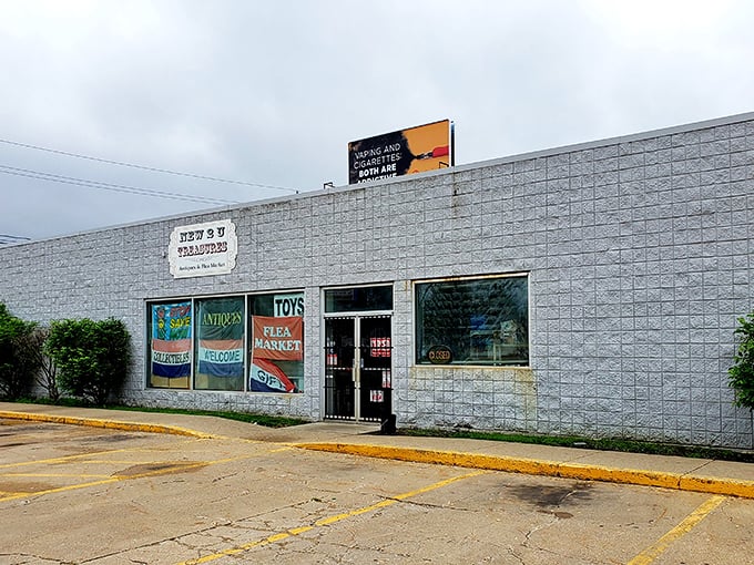 The unassuming exterior of New 2 U Treasures hides a universe of collectibles within. Like a treasure chest disguised as a concrete block.