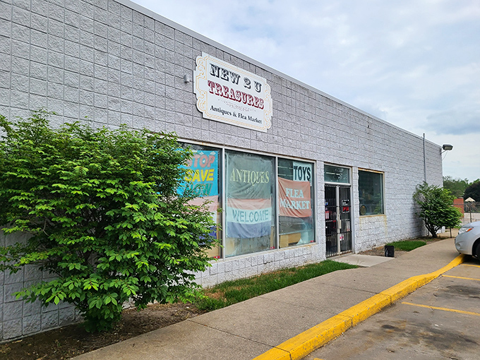The unassuming exterior of New 2 U Treasures hides a universe of collectibles within. Like a treasure chest disguised as a concrete block.