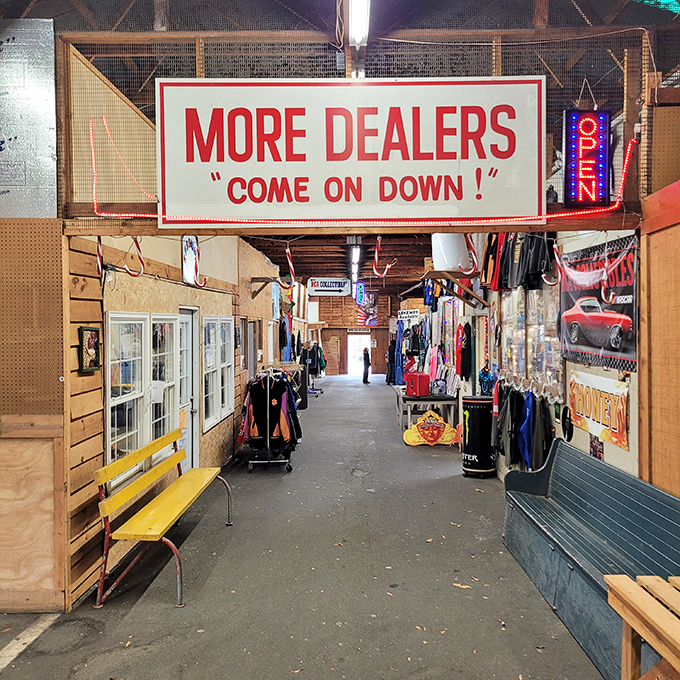 The cathedral of collectibles awaits! Wooden rafters preside over this hallowed ground where bargain hunters worship at the altar of "previously loved" treasures.