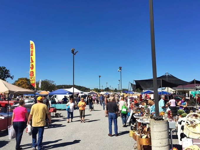 Treasure hunting in full swing! Racks of clothing, collectibles, and curiosities await shoppers under the open sky at Rogers Flea Market.