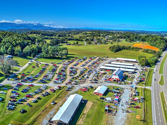 A treasure hunter's paradise from above&mdash;the Jonesborough Flea Market sprawls across acres of Tennessee countryside, promising adventures in every aisle beneath those perfect blue skies.