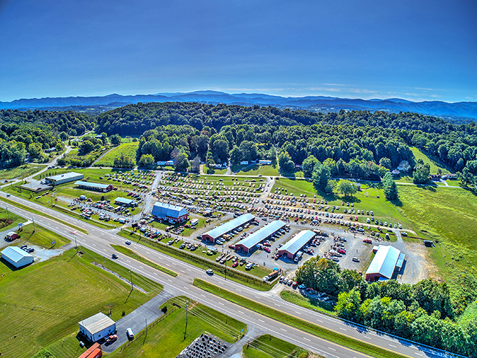 A treasure hunter's paradise from above&mdash;the Jonesborough Flea Market sprawls across acres of Tennessee countryside, promising adventures in every aisle beneath those perfect blue skies.