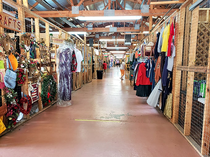 Long corridors of possibility stretch before you, where Christmas decorations mingle with vintage clothing in a treasure hunter's paradise.