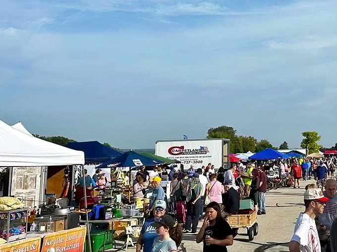 The church spire watches over treasure hunters as they navigate rows of potential finds. St. Gabriel's blends spiritual backdrop with spirited bargain-hunting.