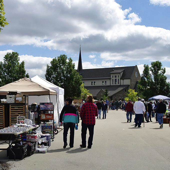 The church spire watches over treasure hunters as they navigate rows of potential finds. St. Gabriel's blends spiritual backdrop with spirited bargain-hunting.