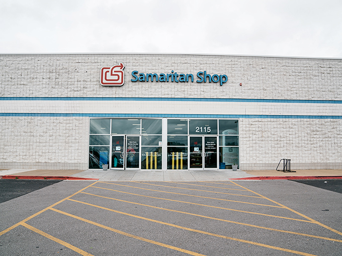 The blue sky seems to be celebrating the Samaritan Shop's existence just as much as bargain hunters do. A thrifter's paradise awaits.