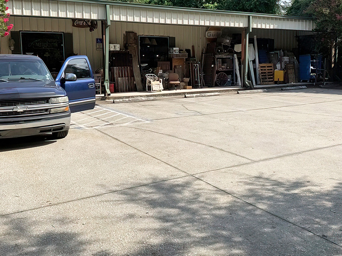 The unassuming exterior of Sugar Bear Antiques hides a universe of treasures, like finding the TARDIS of vintage shopping in Jacksonville.
