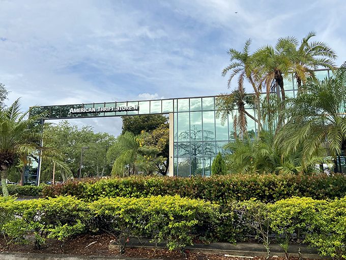 A modernist glass facade that houses treasures within&mdash;American Thrift Store stands like a crystal palace among Lauderhill's palm trees.